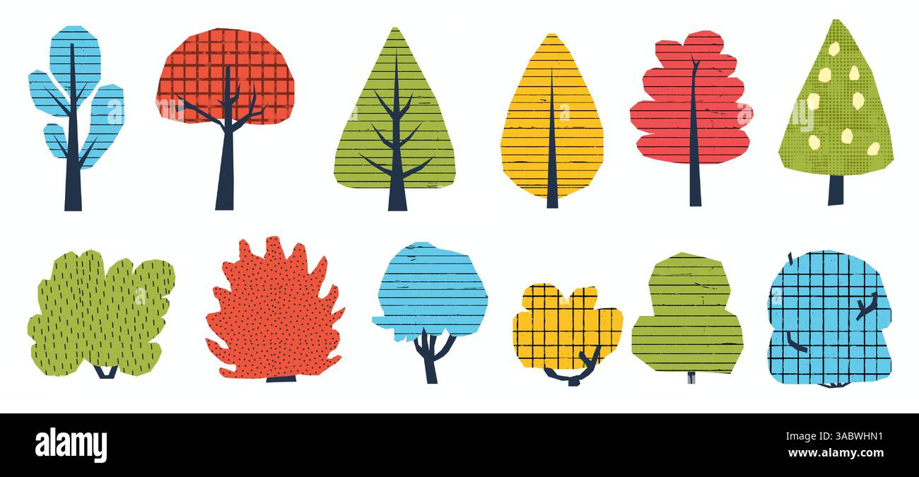 Childish paper cutout collage of trees and bushes. Cute vector ...