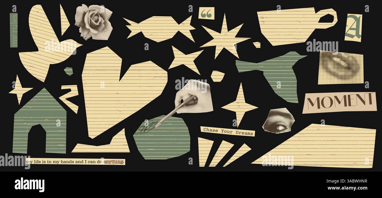 Ripped paper collage with childish cutout elements and naive texture ...