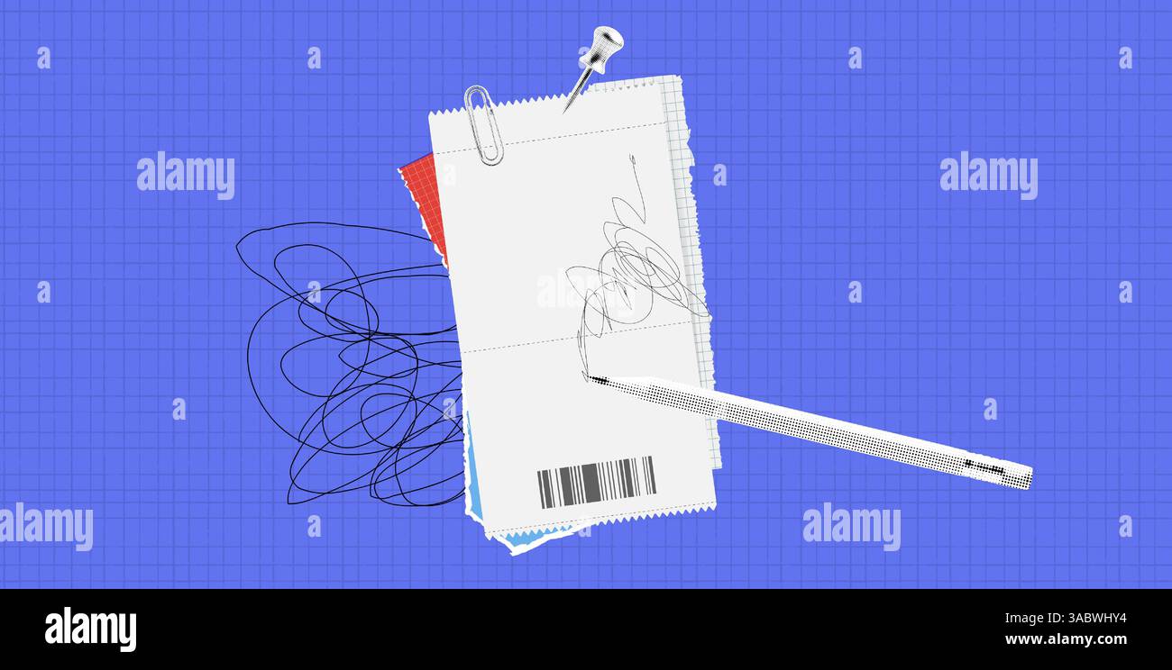 Abstract collage with sketchbook and pencil on graph paper background ...