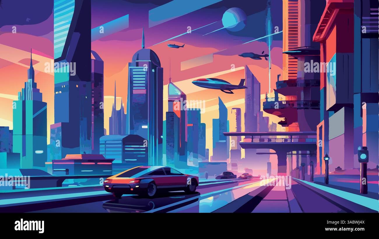 A futuristic city comes alive at dusk with neon lights illuminating the ...