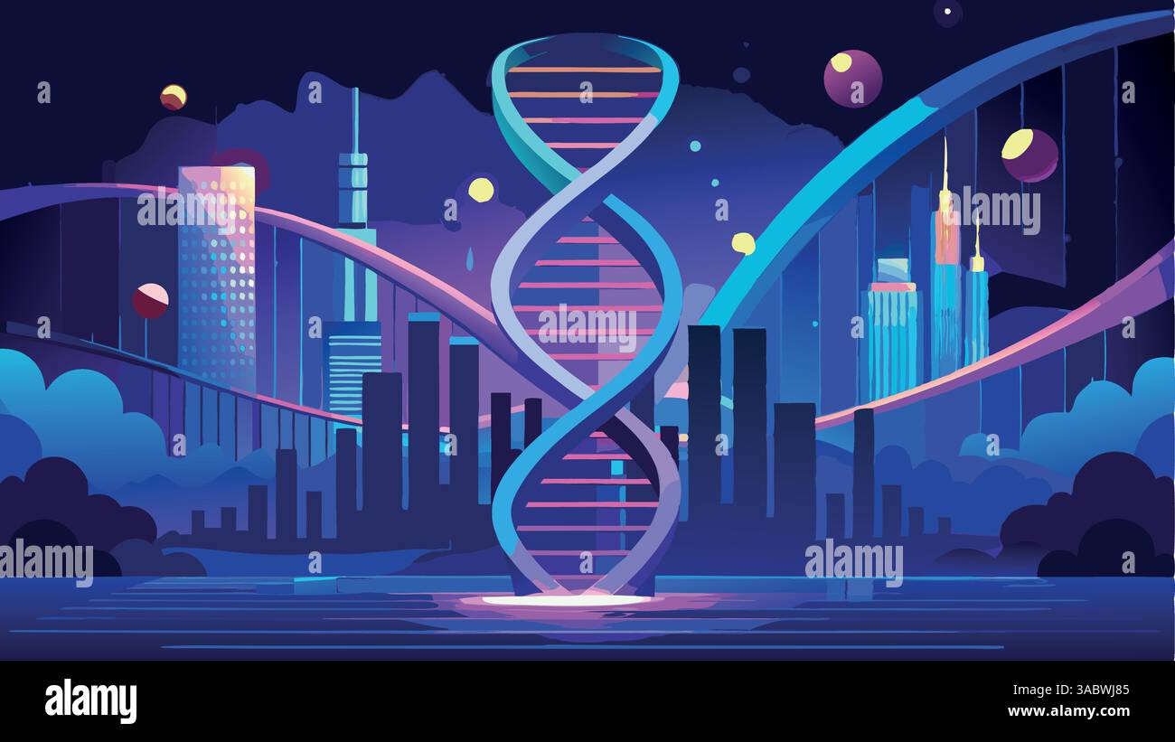Image of dna strand over landscape. global connections, digital ...
