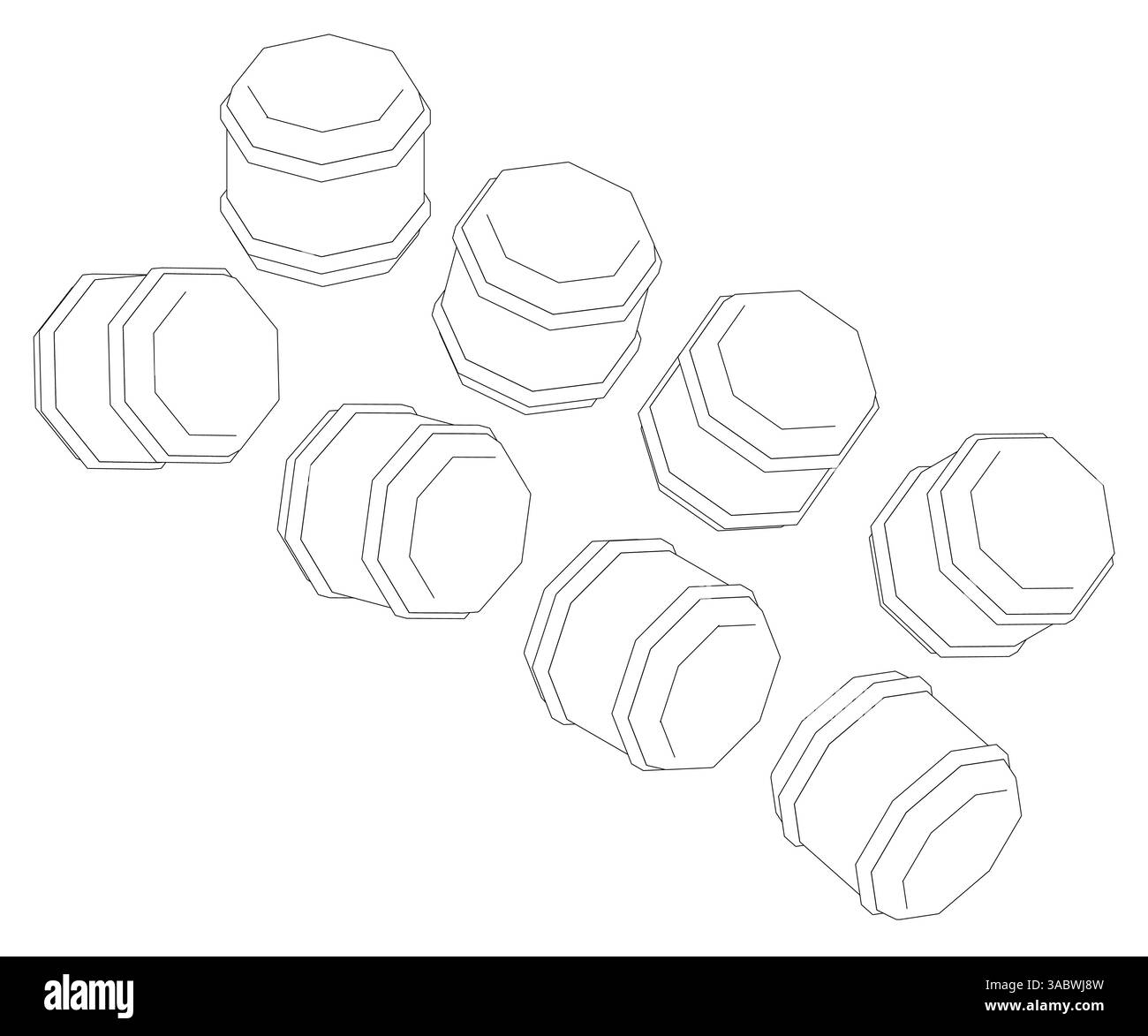 A close up of a row of eight contour of Barrels. The Barrels are all ...