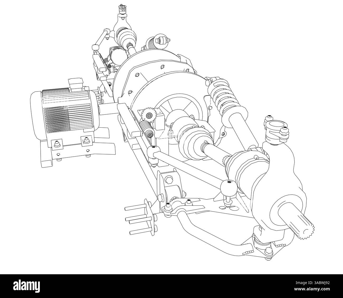 A drawing of a car's suspension system. The drawing is in black and ...