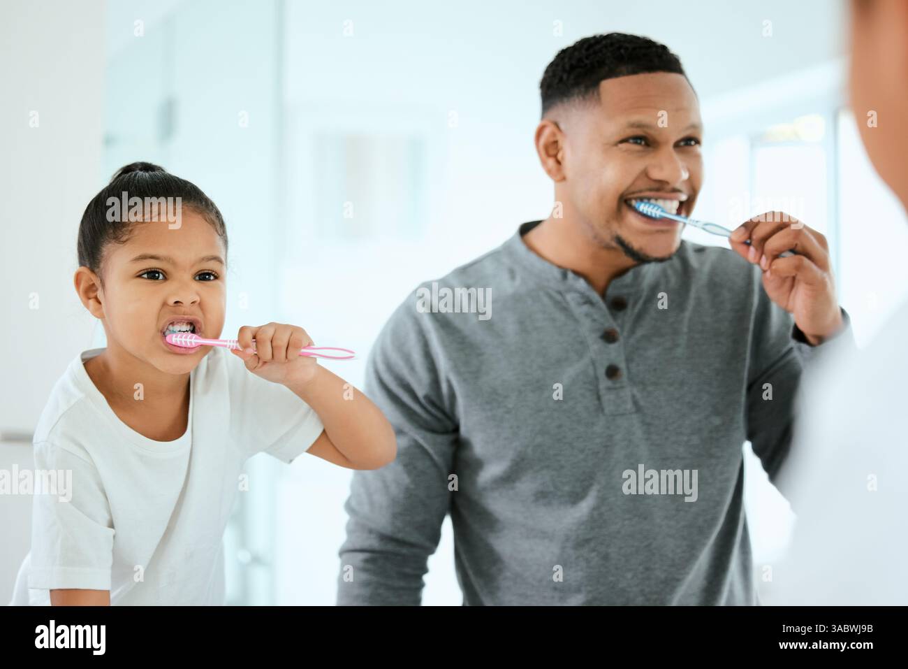 Father, girl and brushing teeth in home mirror, cleaning mouth and ...