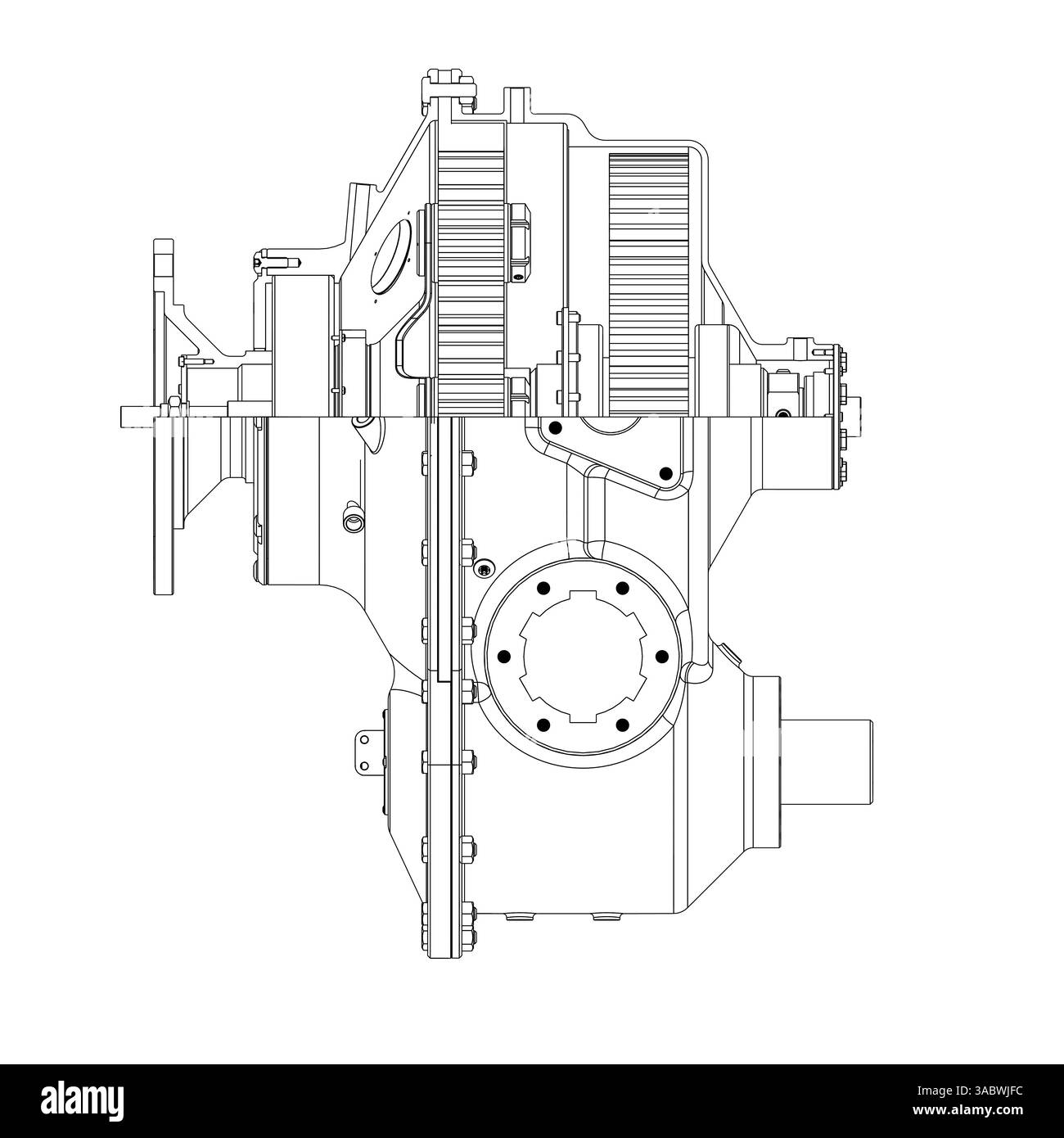 A drawing of a machine with a gear and a wheel. The drawing is in black ...