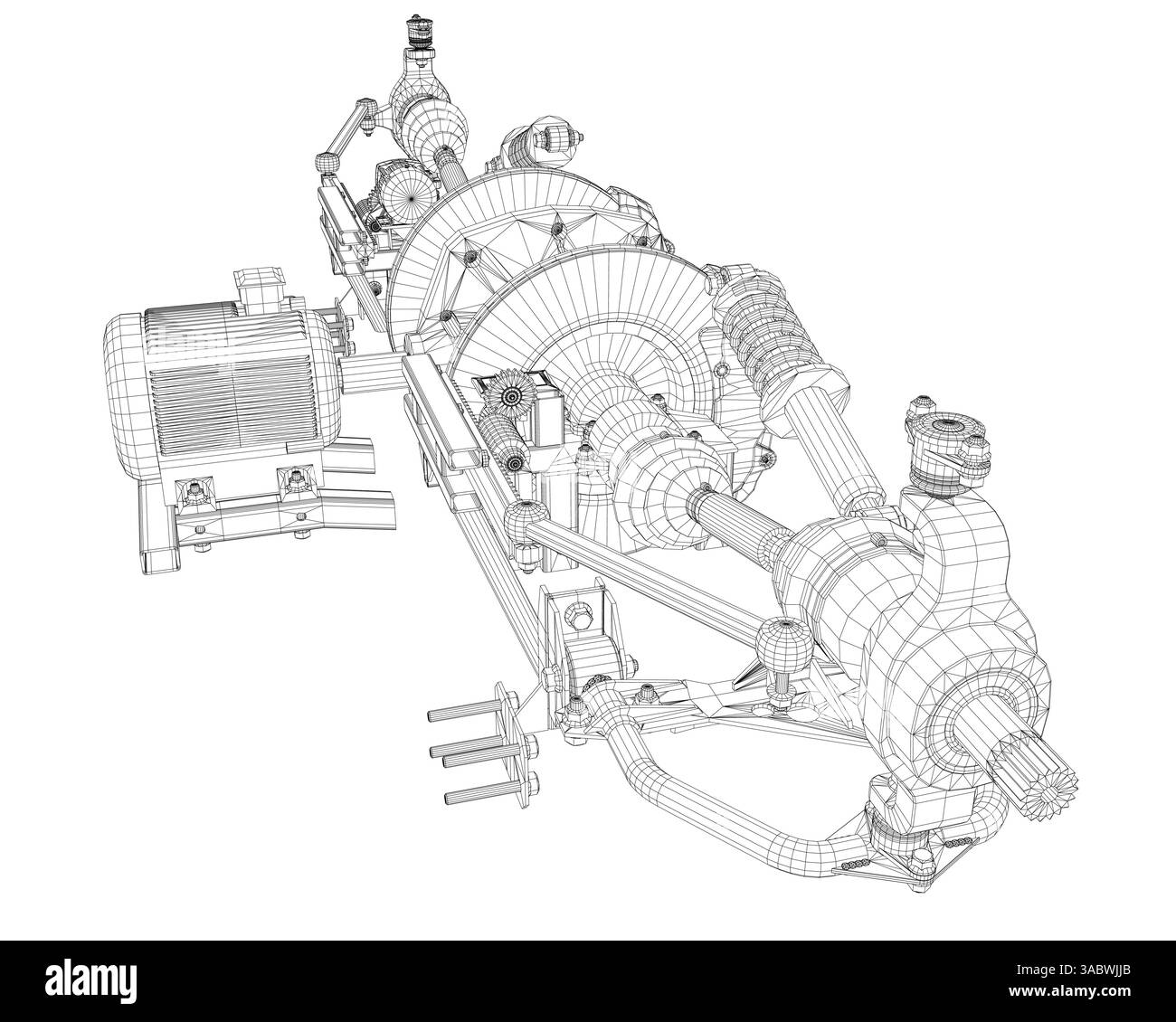 A drawing of a car engine with a lot of detail. The drawing is in black ...