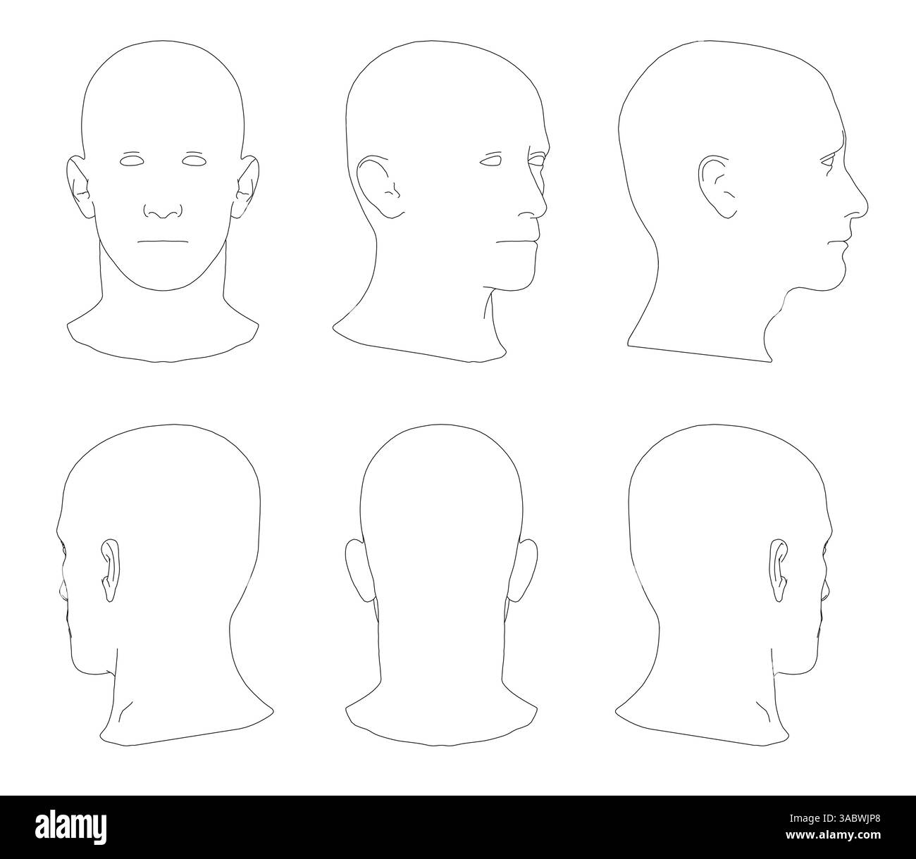 The head is a drawing of a man's head. The head is shown in six ...