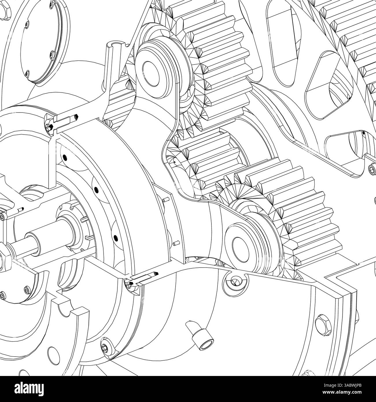 A drawing of a machine with gears and a black and white color scheme ...