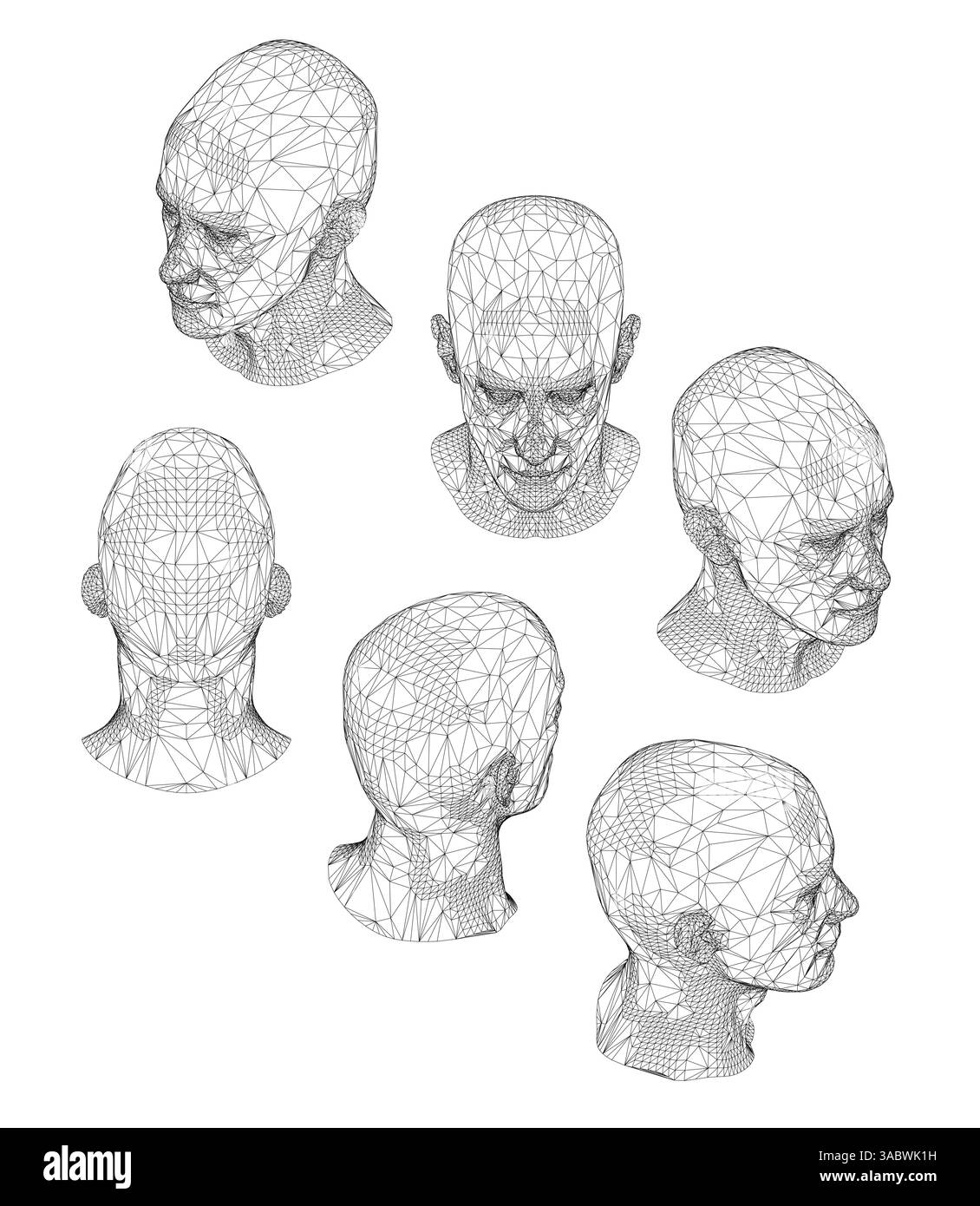 A series of drawings of heads with a black background. The drawings are ...