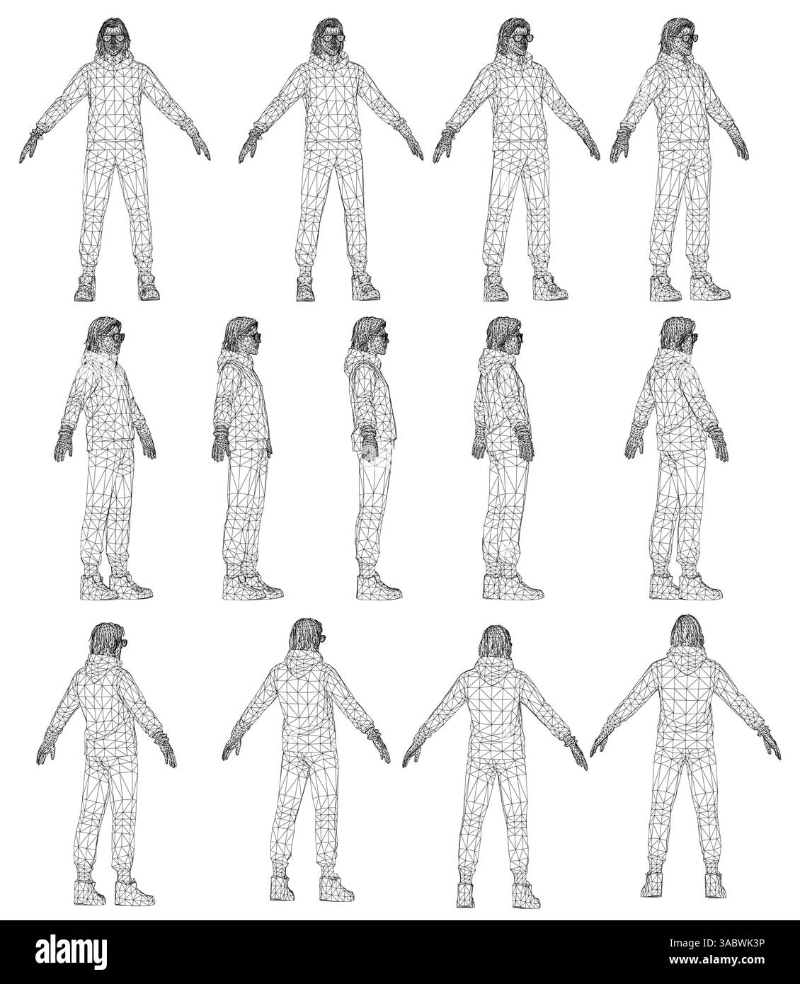 A series of black and white wireframe of people in various poses. The ...