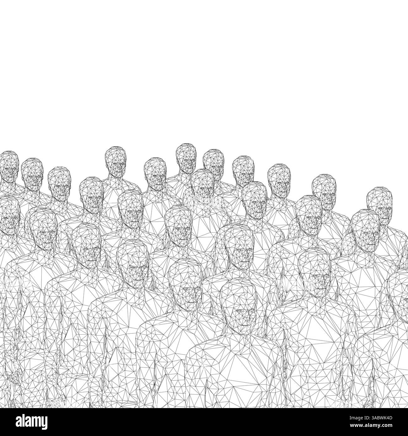 A group of people are depicted in a black and white wireframe. The ...