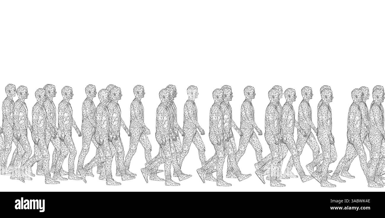 A group of people walking in a line. The people are all same sizes and ...