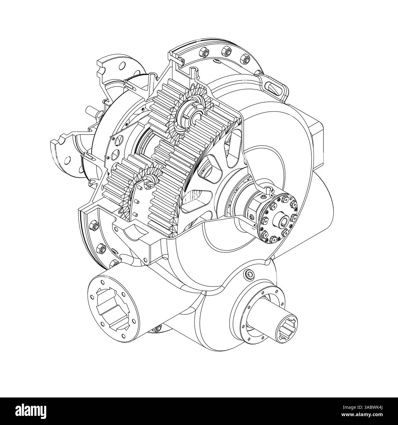 A mechanical drawing of a gearbox with a lot of detail. The gears are ...