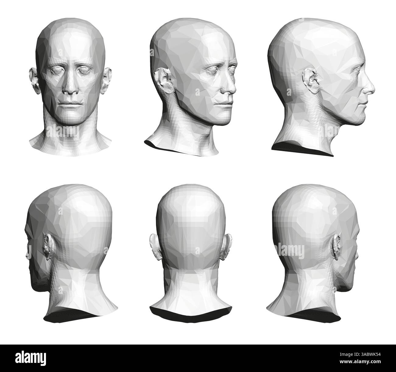 The image is a series of six different views headshots of a man's head ...
