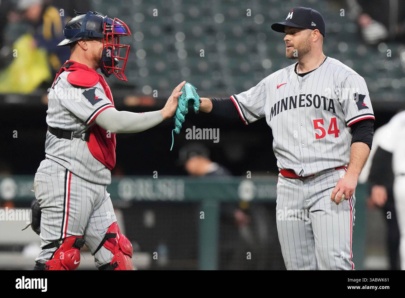 Minnesota Twins catcher Christian Vázquez, left, celebrates with relief ...
