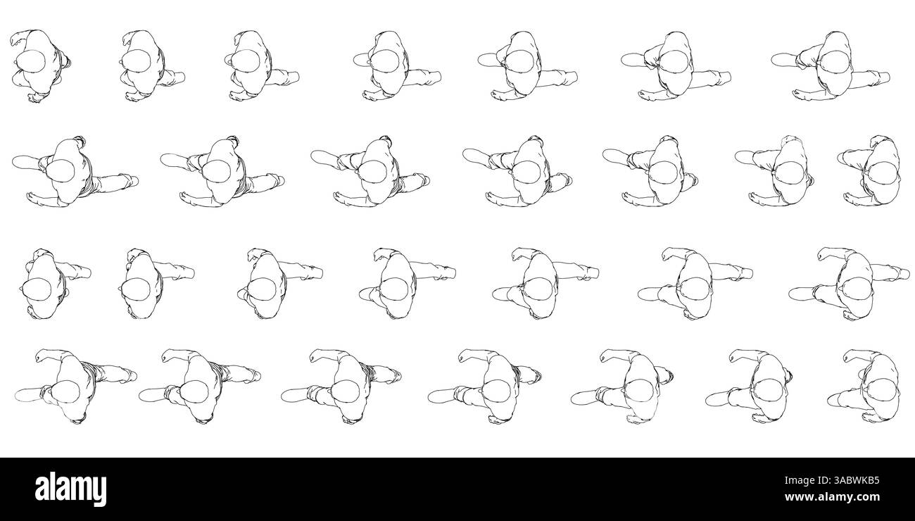 A series of black and white drawings of people in motion. The drawings ...