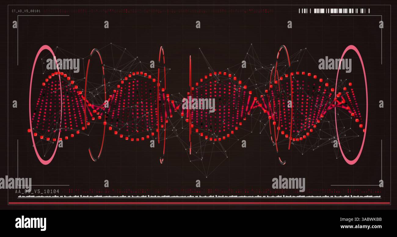 Digital DNA strand visualization with red geometric patterns on dark ...