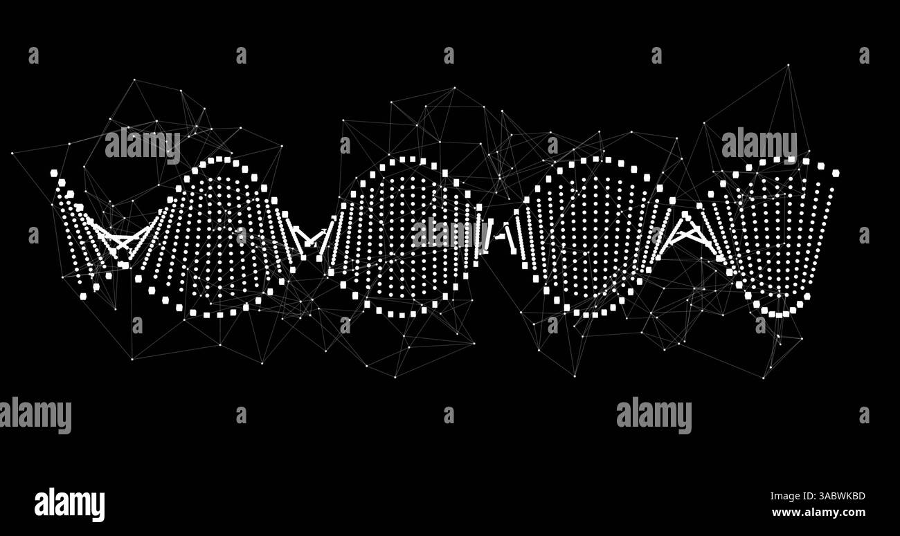 Abstract digital DNA helix with connecting nodes and lines on black ...