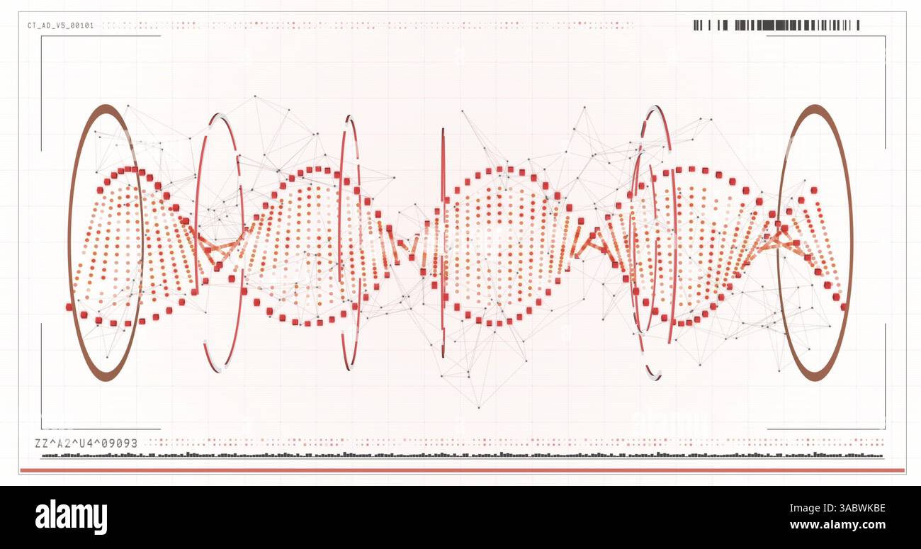 Abstract digital DNA helix with geometric patterns and connecting nodes ...