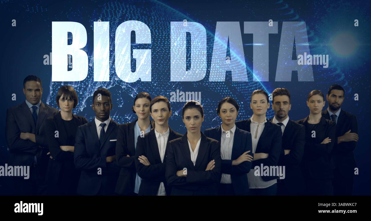 Business team standing confidently under big data concept in corporate ...