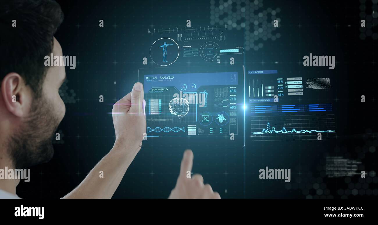 Using futuristic digital tablet, man exploring new technology in ...