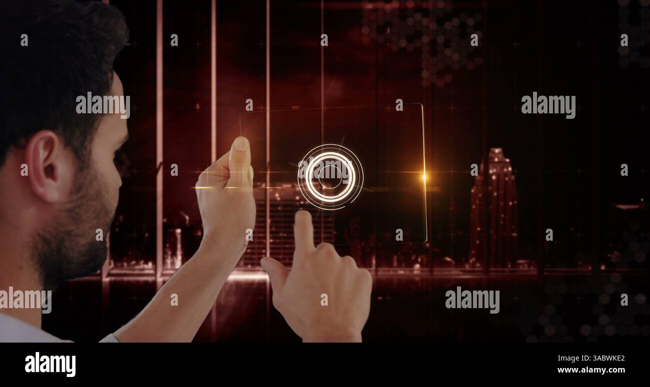 Using futuristic digital tablet, man interacting with virtual interface Stock Photo - Alamy