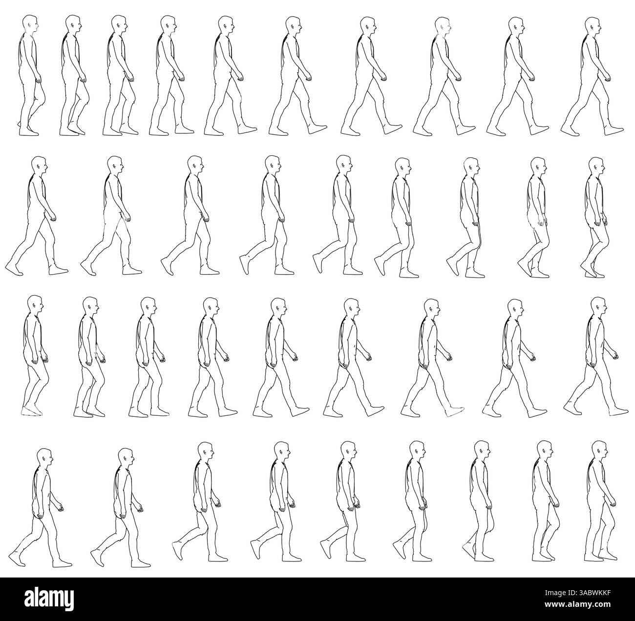 A series of people walking in a line. The people are all the same size ...