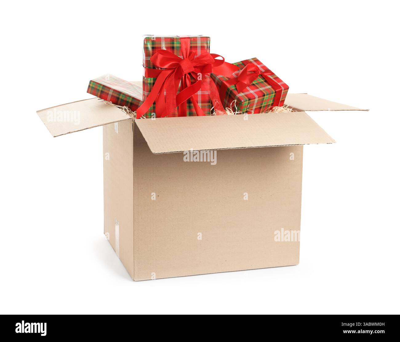 Parcel with gift boxes on white background Stock Photo - Alamy