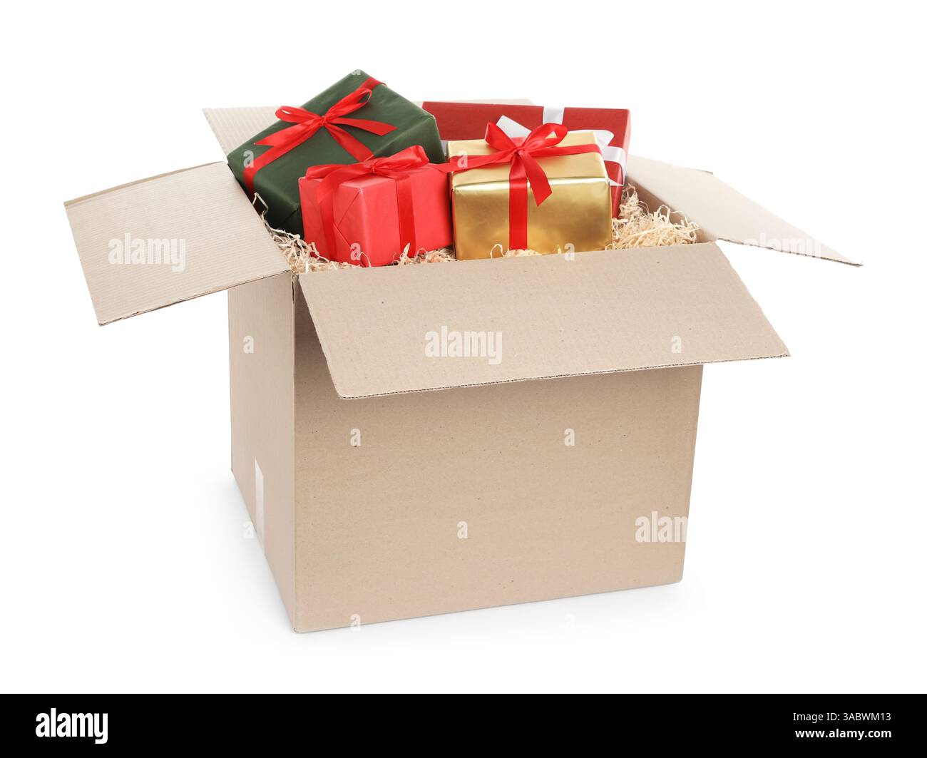 Parcel with gift boxes on white background Stock Photo - Alamy