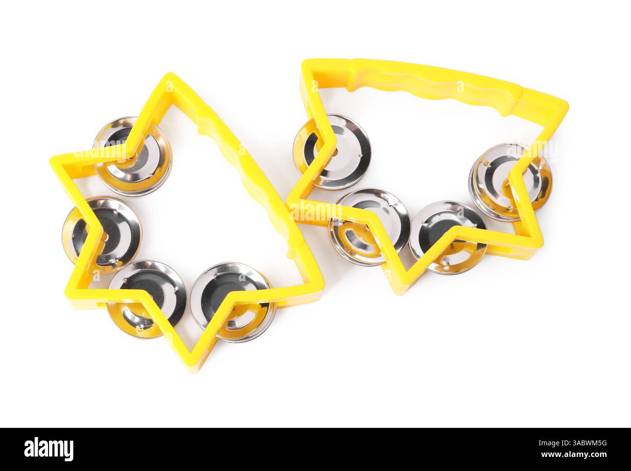 Yellow toy tambourines isolated on white, top view. Child's musical ...
