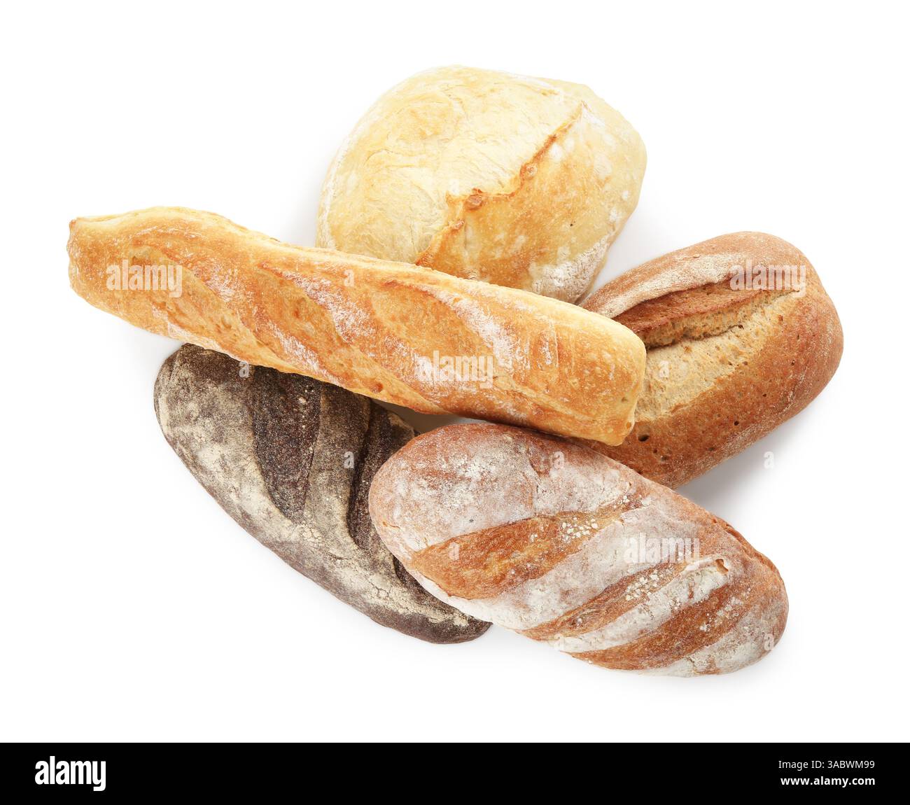 Different loaves of freshly baked bread isolated on white, top view ...