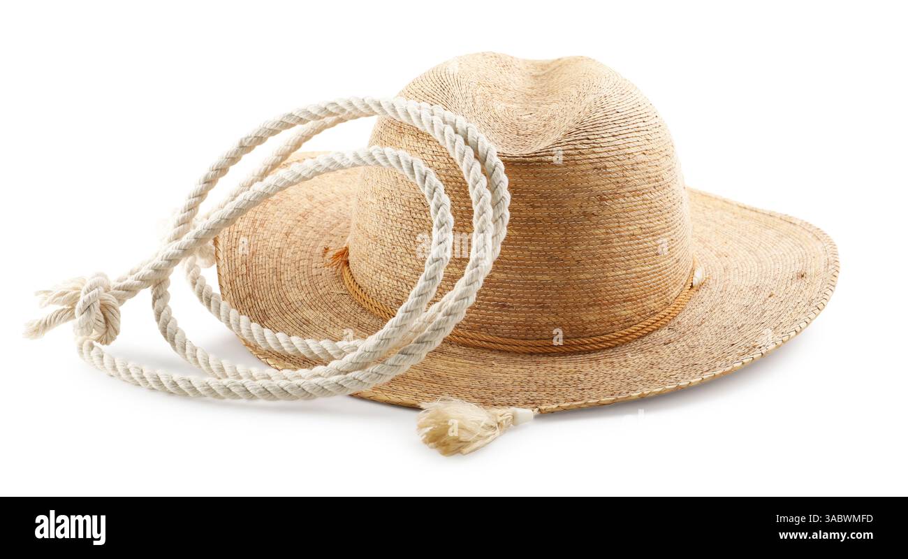 Cotton rope and straw hat isolated on white Stock Photo - Alamy