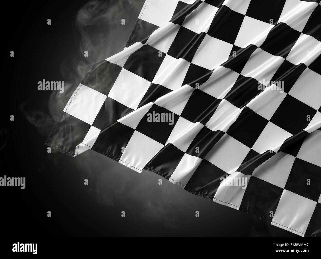 Racing flag with black and white checkers in darkness with smoke Stock ...