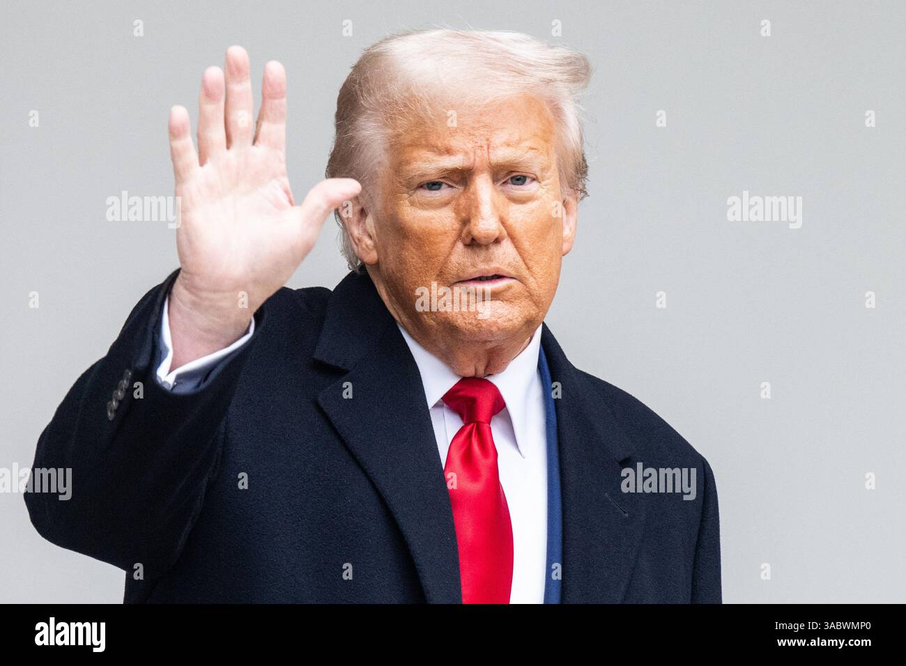 President Donald Trump waving goodbye at a "Liberation Day" event where ...