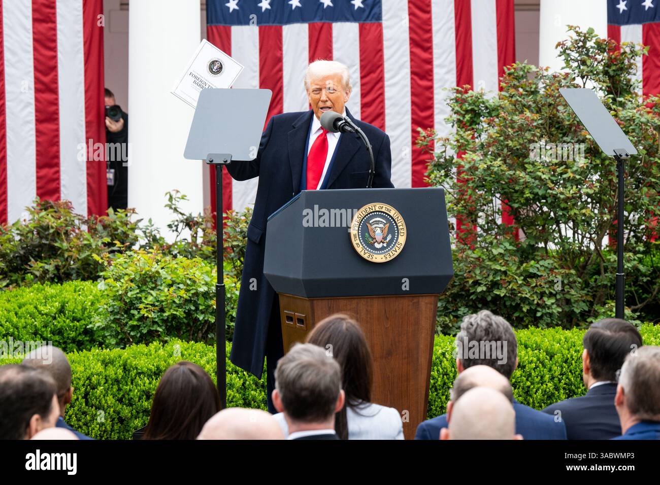 President Donald Trump speaking at a "Liberation Day" event where the ...