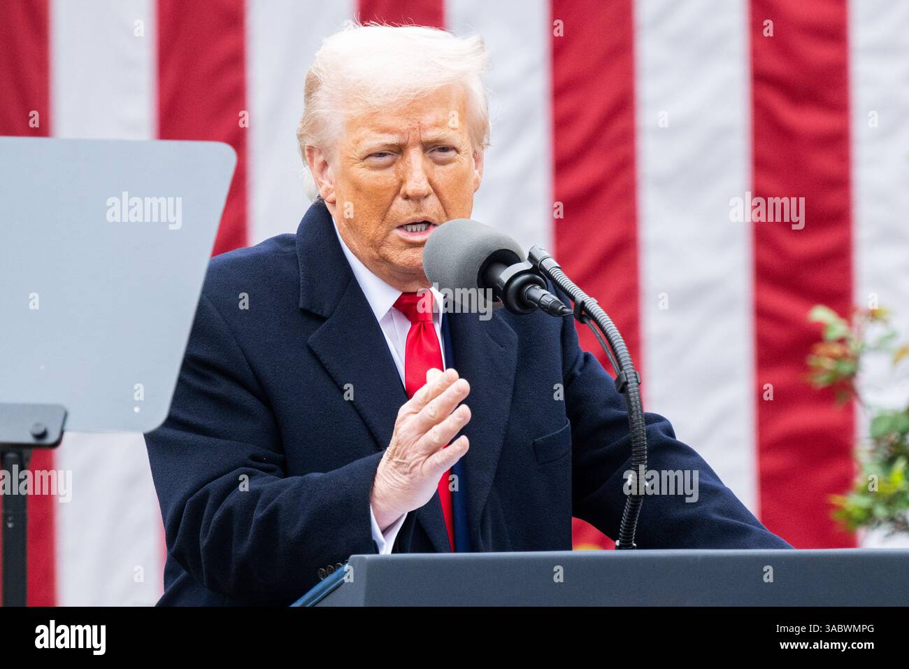 President Donald Trump speaking at a "Liberation Day" event where the ...