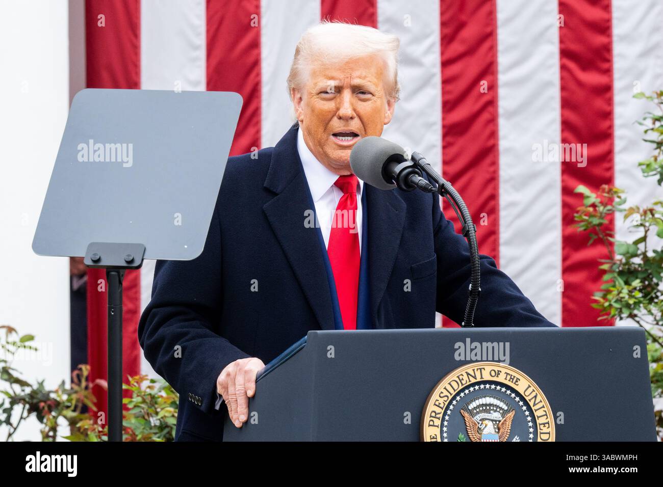 President Donald Trump speaking at a "Liberation Day" event where the ...
