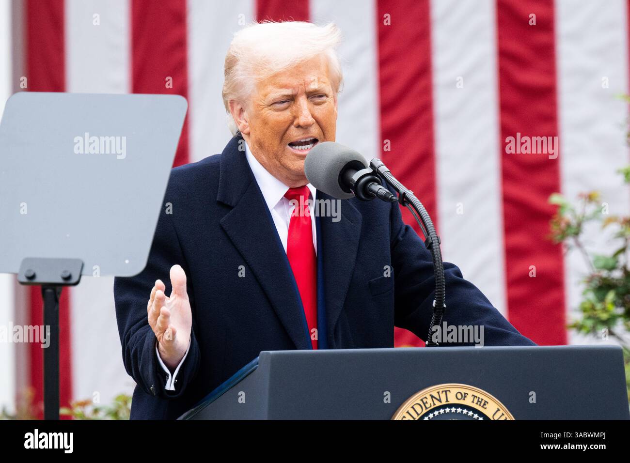 President Donald Trump speaking at a "Liberation Day" event where the ...