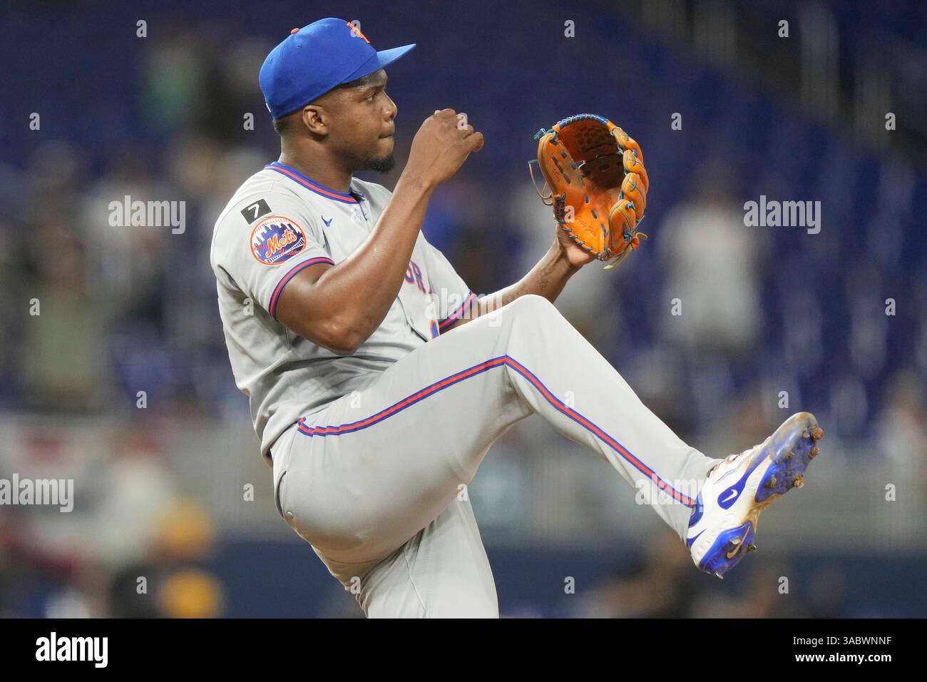 New York Mets relief pitcher Huascar Brazoban reacts after the Mets defeated the Miami Marlins ...