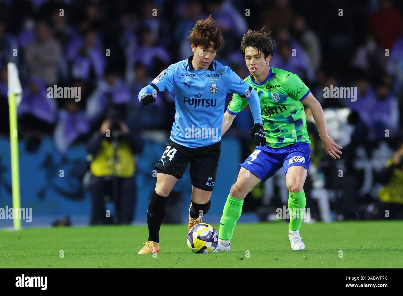 Kanagawa, Japan. 2nd Apr, 2025. (L-R) Ten Miyagi (Frontale), Koki Tachi ...