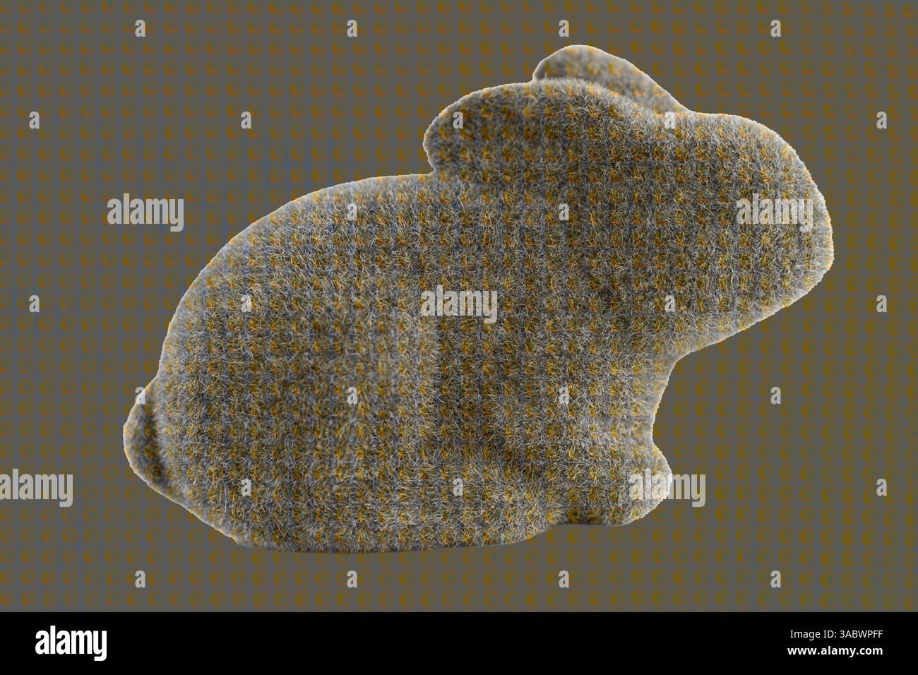 Glowing neon blue fuzzy bunny figure on navy blue grid shows gold in a ...