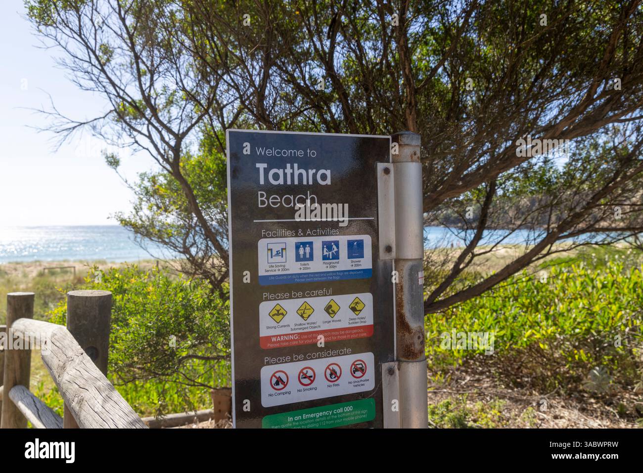 Tathra beach, sapphire coast of New South Wales, beach sign at entrance ...