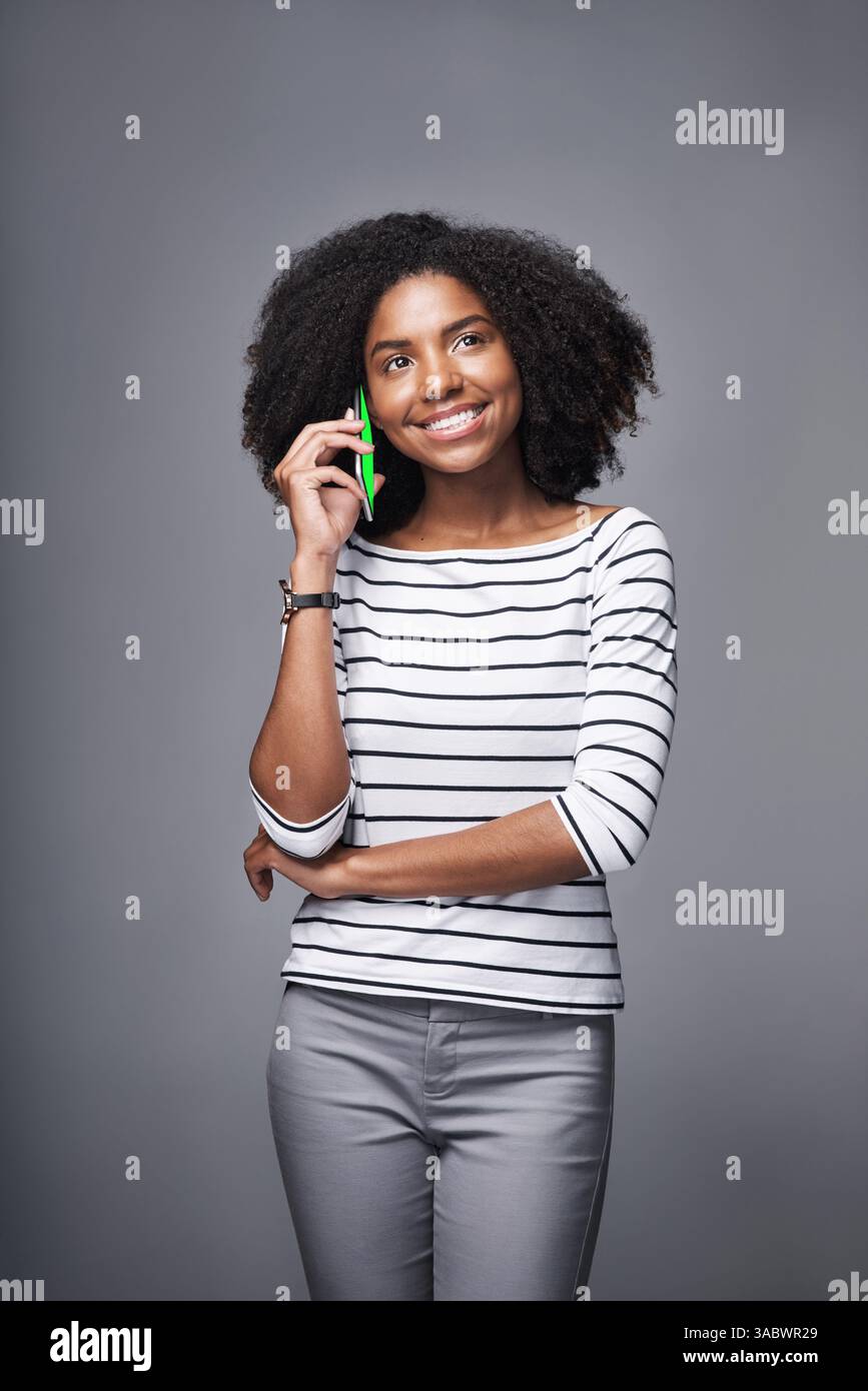 Phone call, black woman and green screen with communication, talking ...