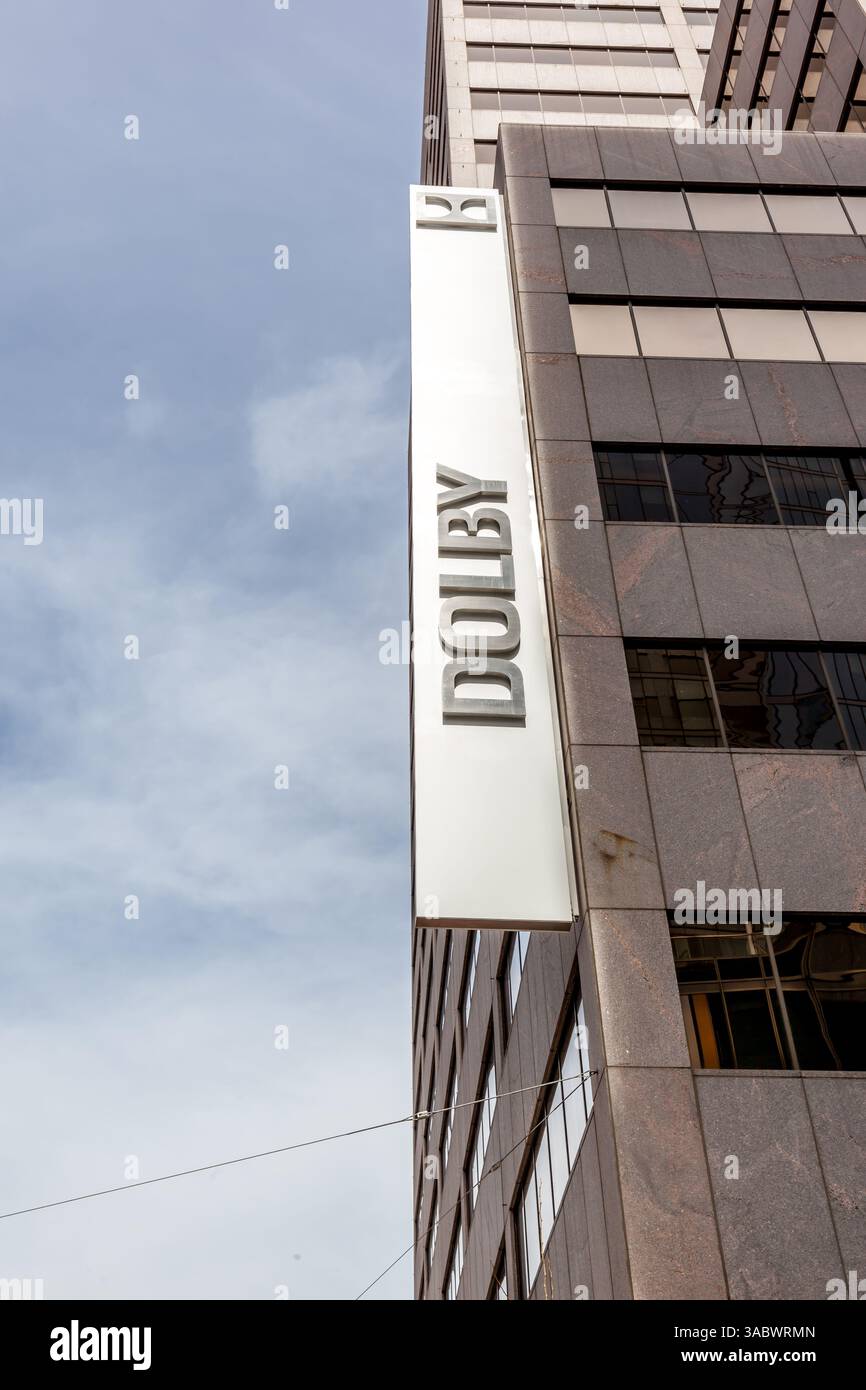 San Francisco, California, USA - March 30, 2018: Sign of Dolby Labs at headquarters in San ...