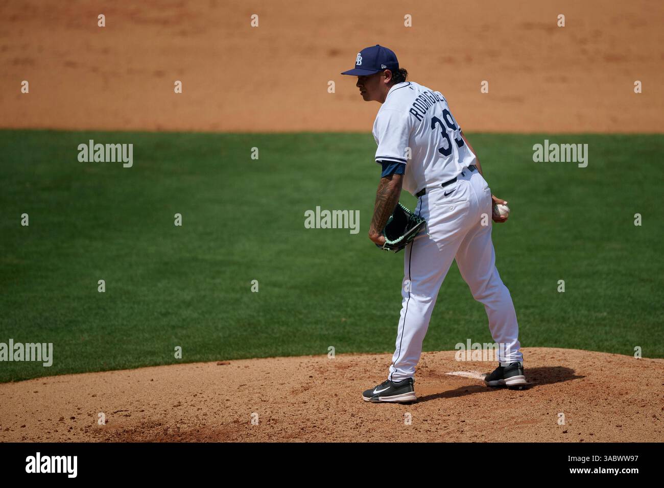 Tampa Bay Rays pitcher Manuel Rodríguez (39) looks in for the sign ...
