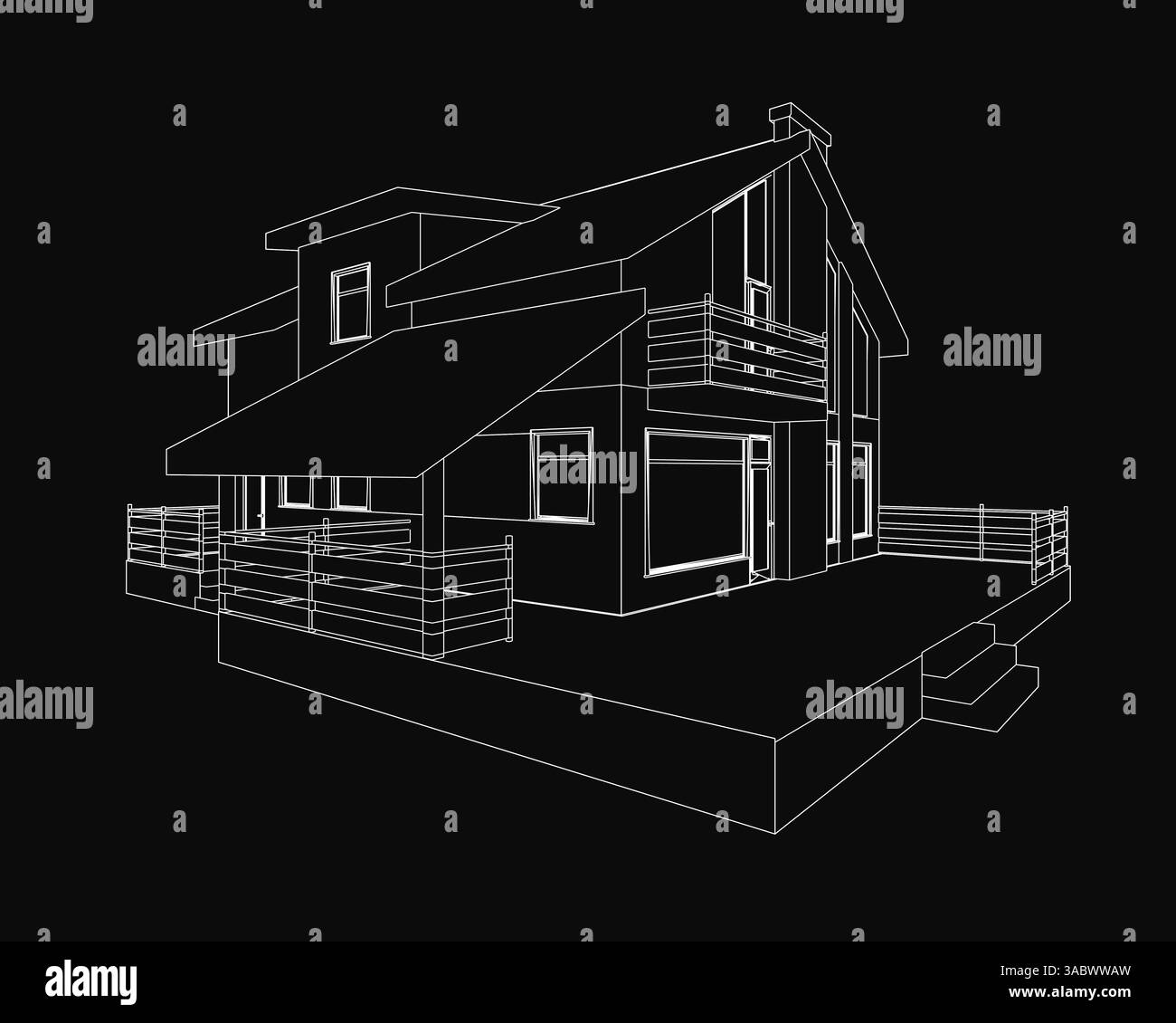 A house with a slanted roof and a balcony. The house is black and white ...