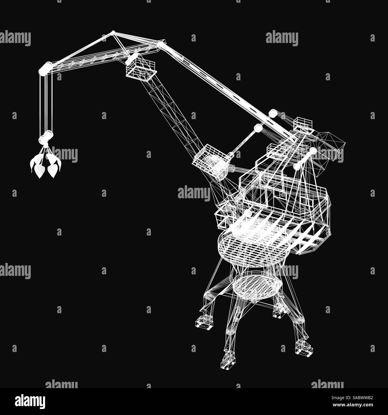 A crane is shown in a black and white. The crane is a large crane with ...