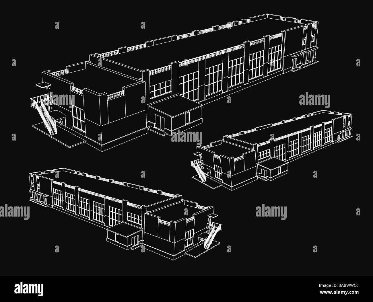Three buildings are shown in a black and white photo. The buildings are ...