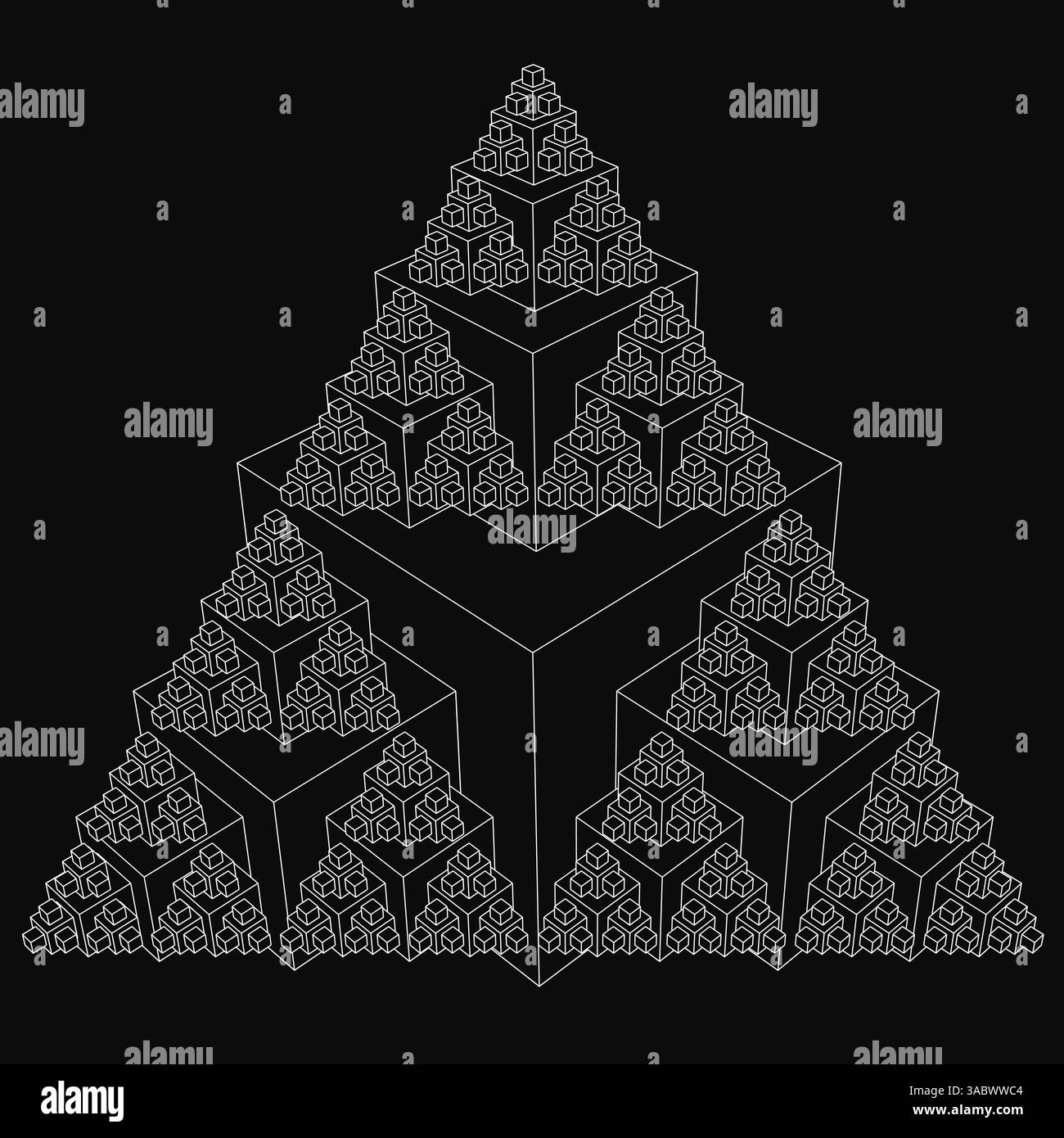 A black and white image of a pyramid made of cubes. The pyramid is very ...