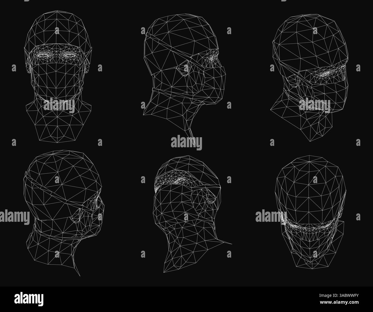 A series of six faces are shown in a black background. The faces are ...